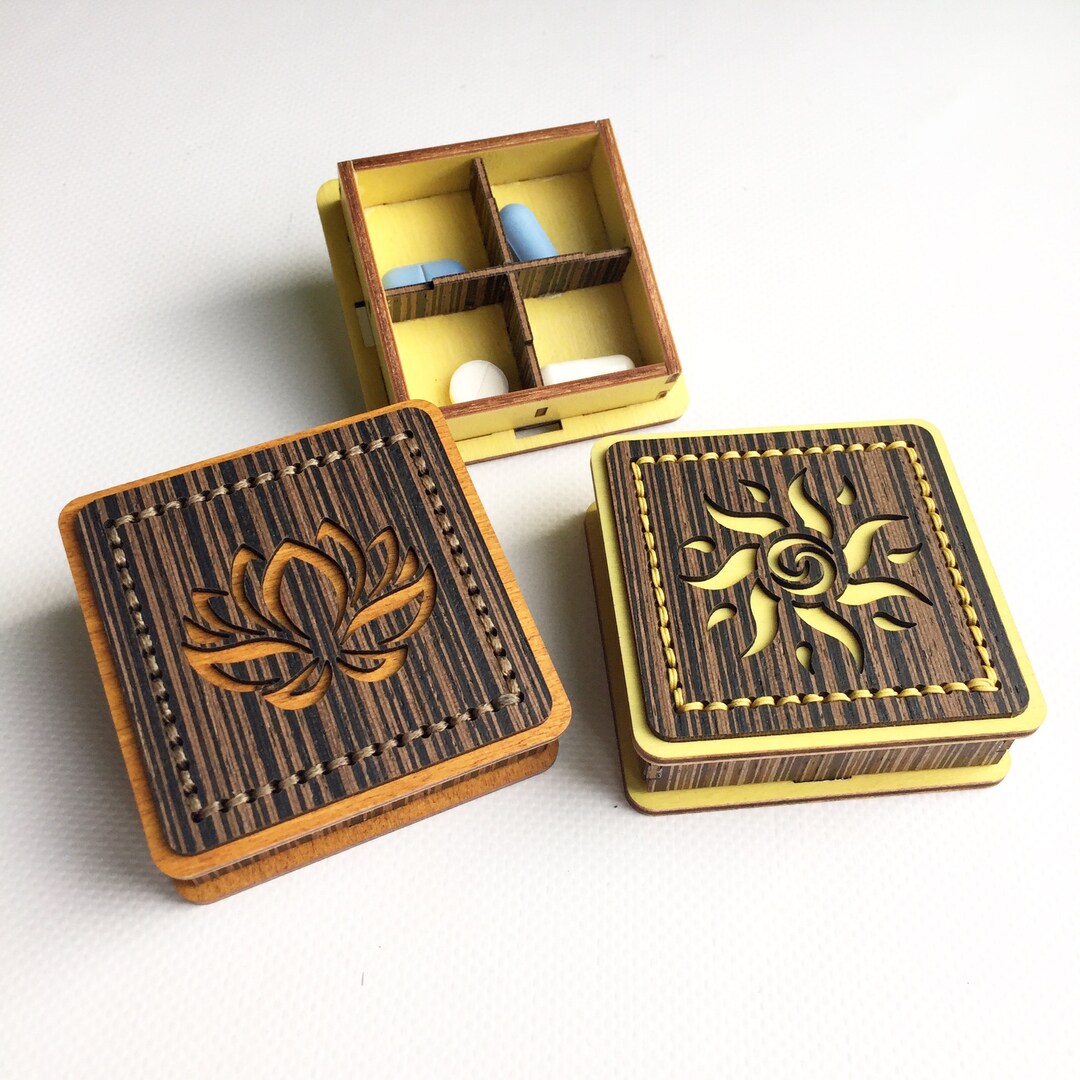 Cute Wooden Box for 4 Dose Pills With Hand Stitching, Sun Trinket Pill ...