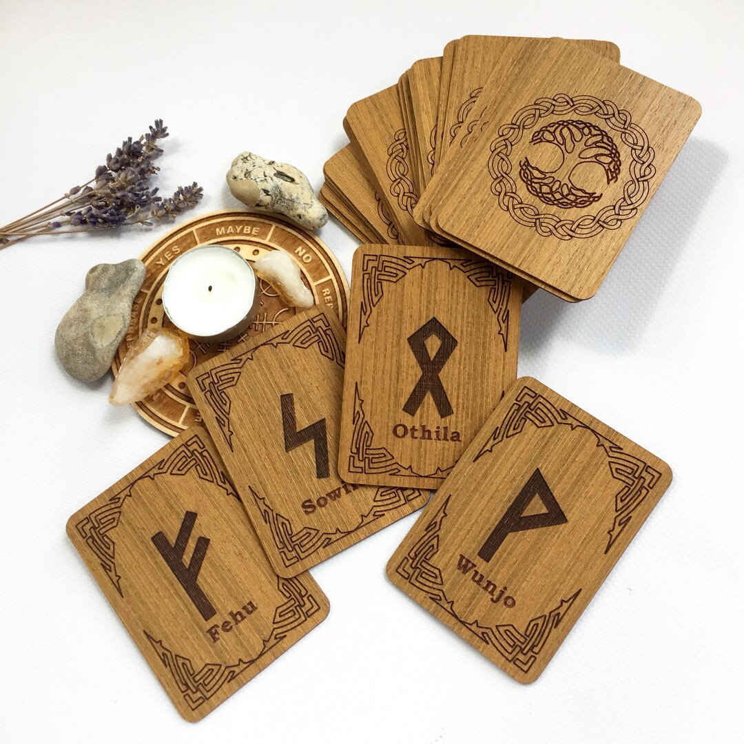 Tree of Life Wooden Runes: Elder Futhark Divination Cards With Vegvisir ...