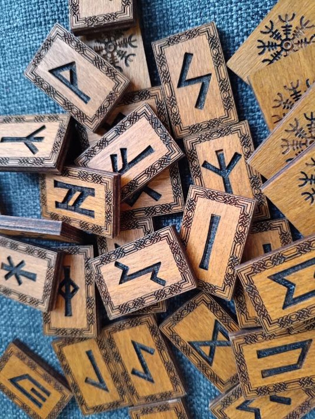 Set of 34 Anglo-saxon Runes Wood in Bag and Wooden Box, Northumbrian ...
