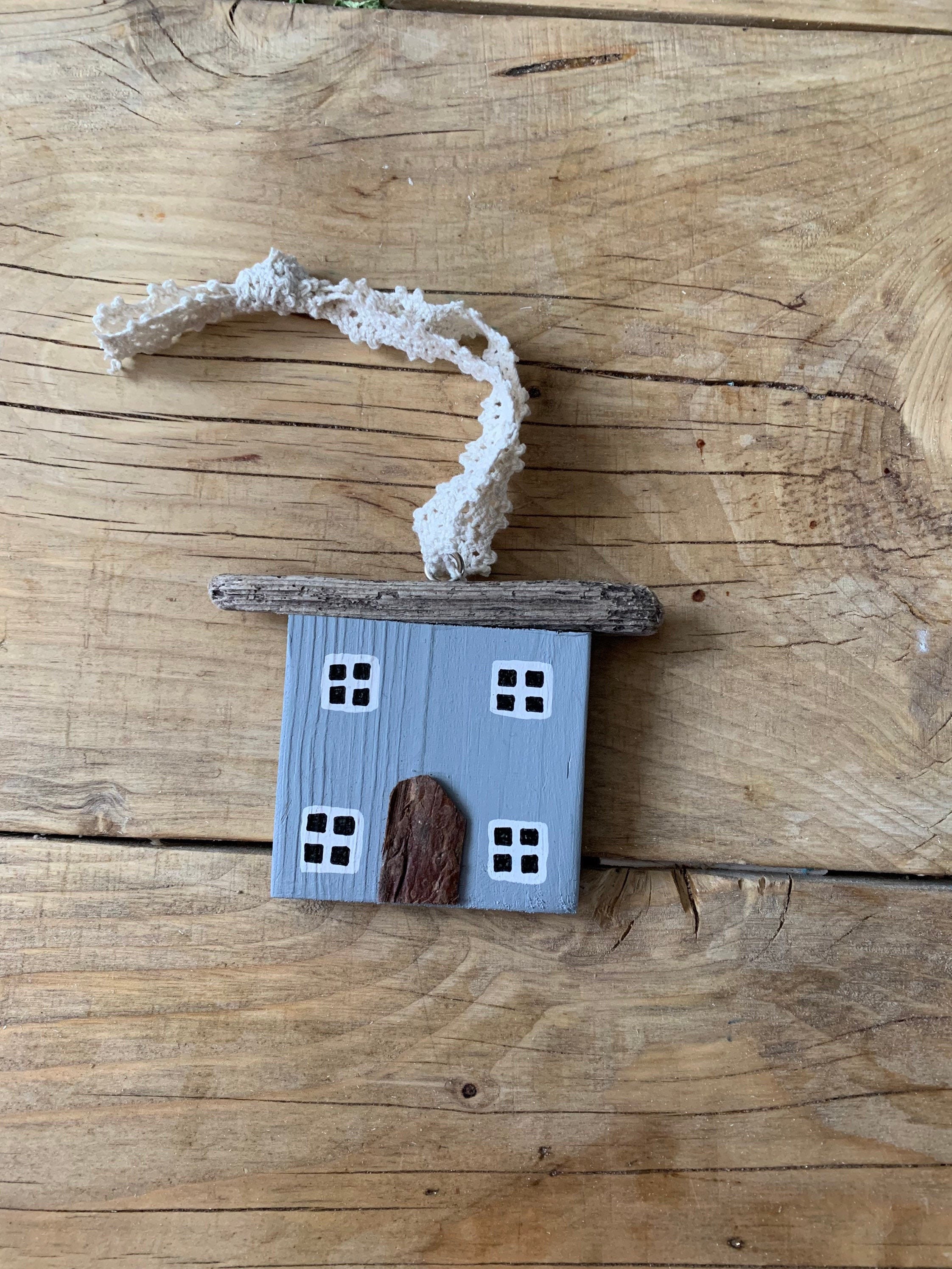 Wooden house hanging ornament. Little Handmade grey house. | Etsy