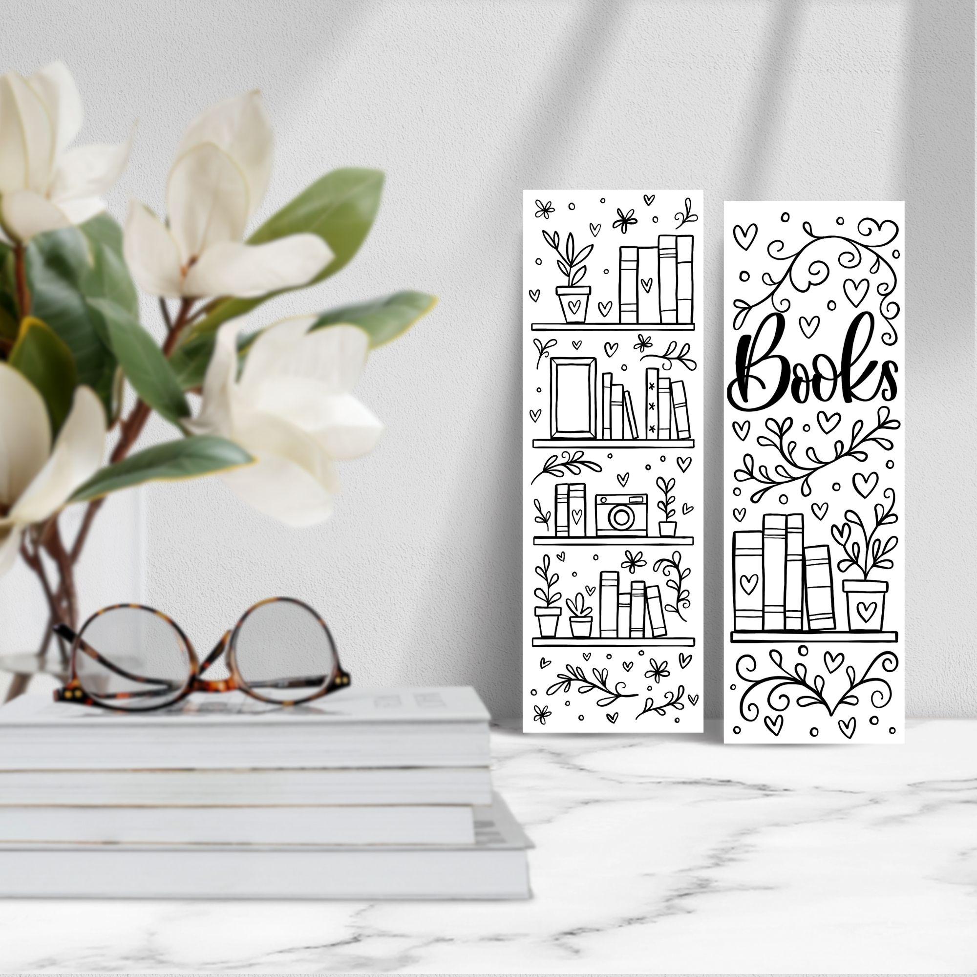 Hand Drawn Coloring Bookshelf Printable Bookmarks, Lettering & Doodles ...