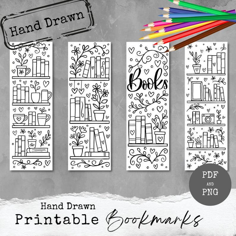 Hand Drawn Coloring Bookshelf Printable Bookmarks, Lettering & Doodles ...