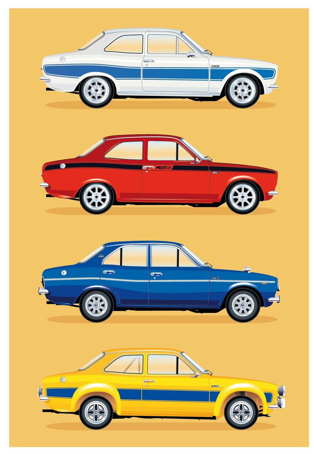 4 Ford Escort Mk1, Mexico, RS2000, 1300e, and Rally Car Illustration ...