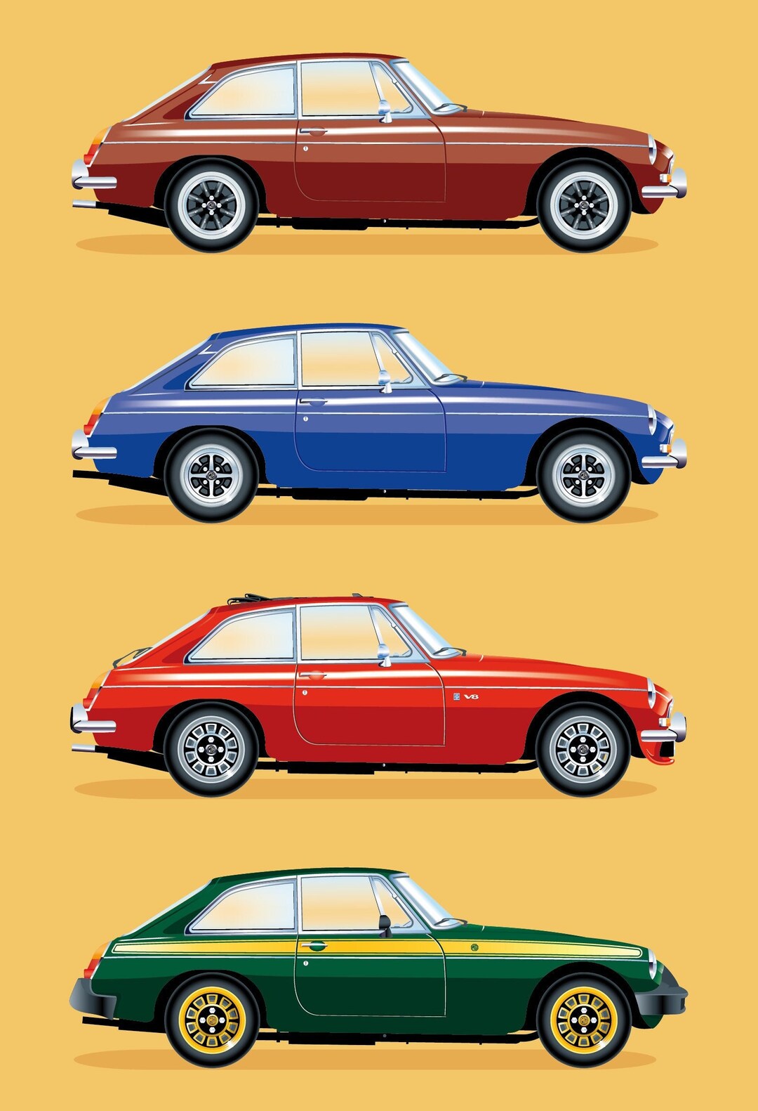 4 BMC MGB GT 2+2 Coupé Sports Car (print 2) Classic Iconic Illustration ...