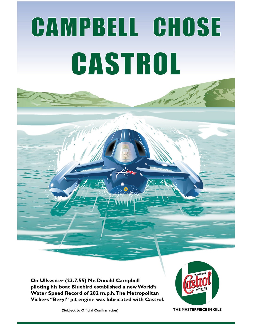 Sir Donald Campbell Bluebird Boat, Castrol Advert Poster, Retro Style ...