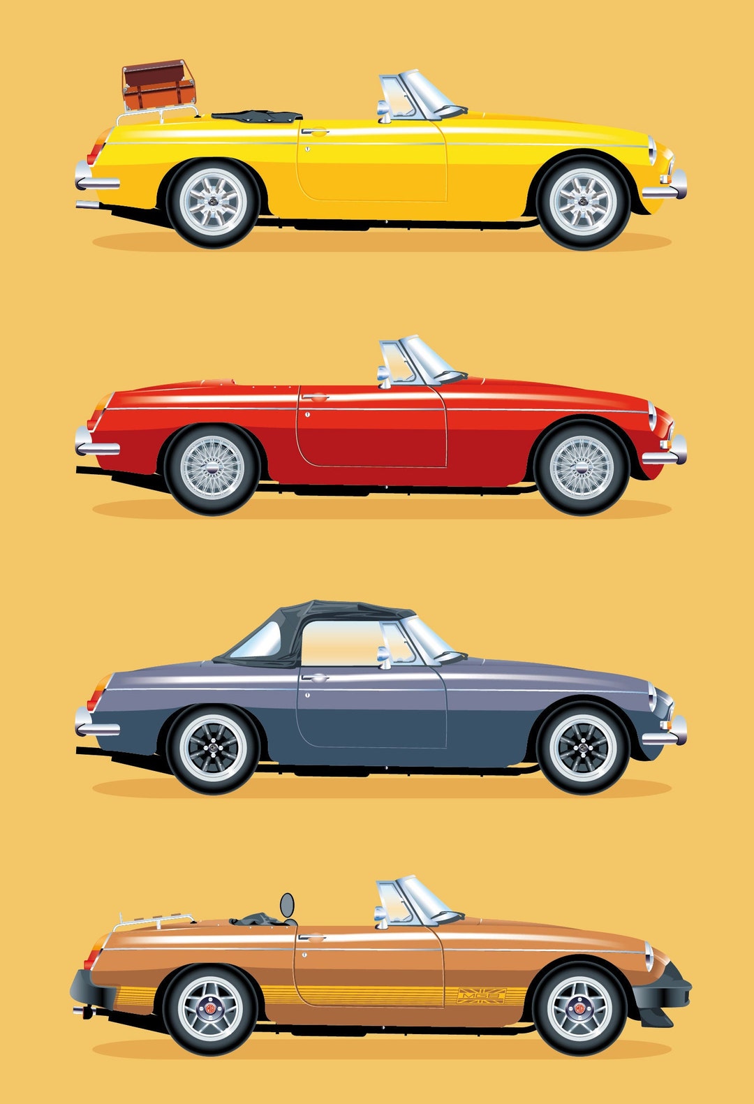 4 BMC MGB Roadster Sports Car (print 1) Classic Iconic Illustration Art ...