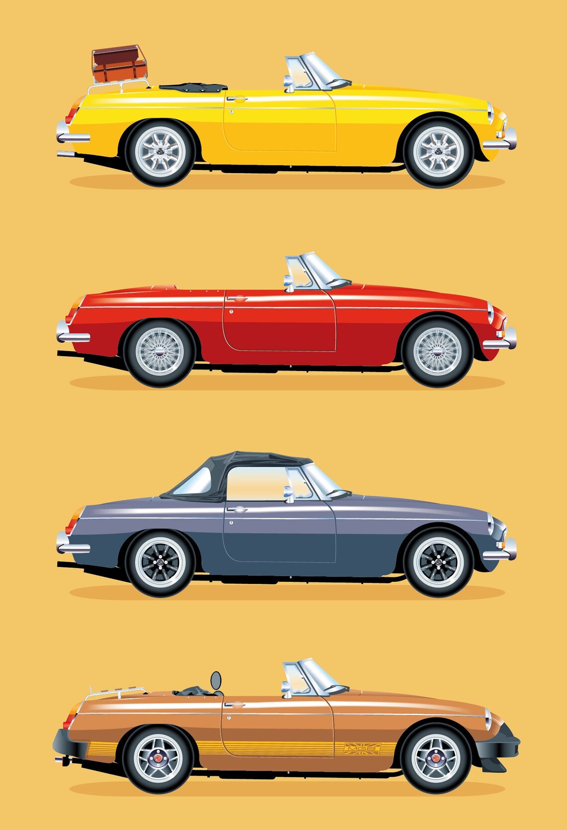4 BMC MGB Roadster Sports Car (print 1) Classic Iconic Illustration Art ...