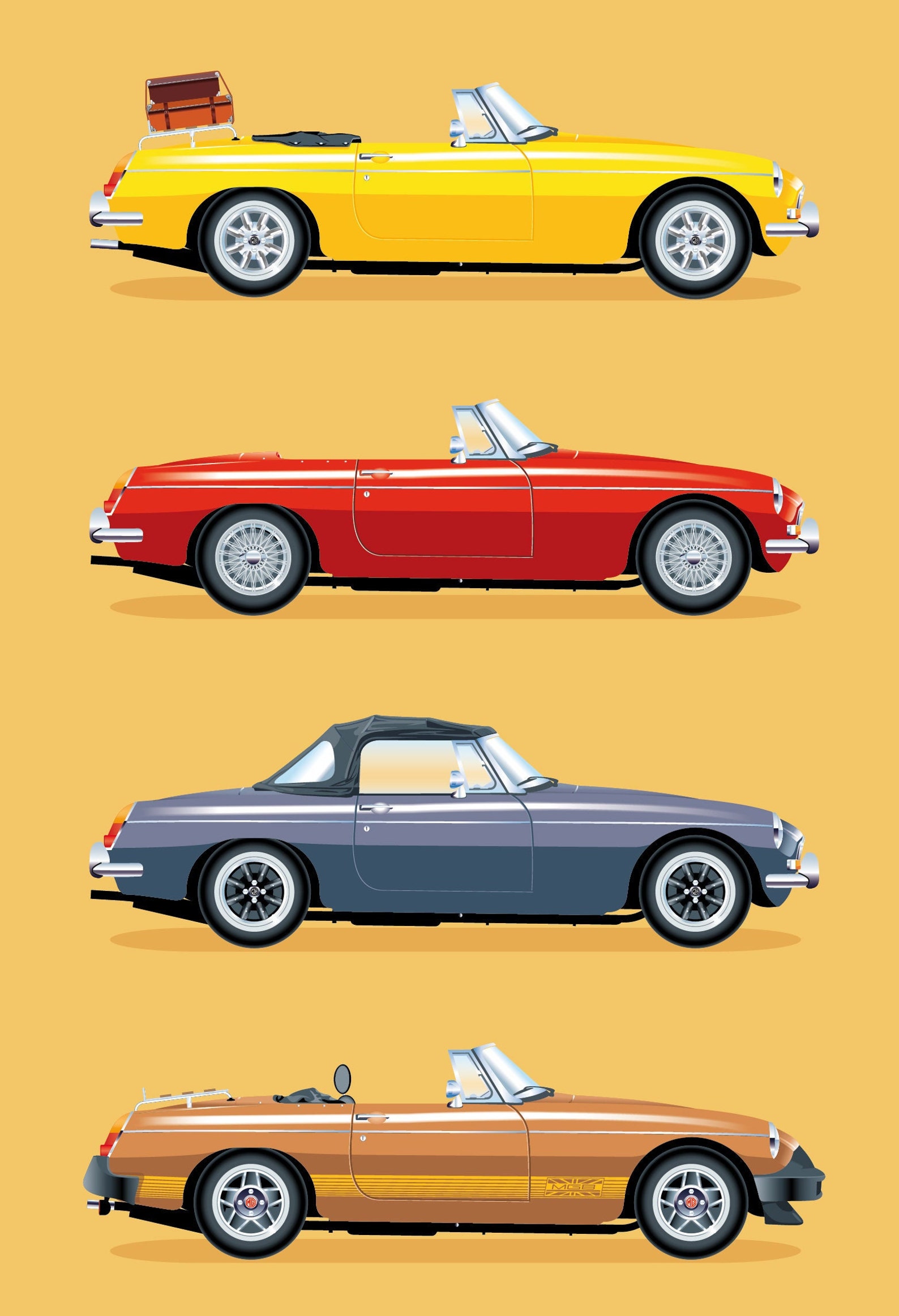 4 BMC MGB Roadster Sports Car (print 1) Classic Iconic Illustration Art ...