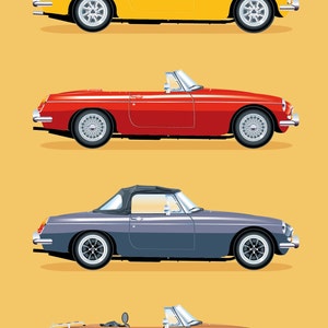 4 BMC MGB Roadster Sports Car (print 1) Classic Iconic Illustration Art ...