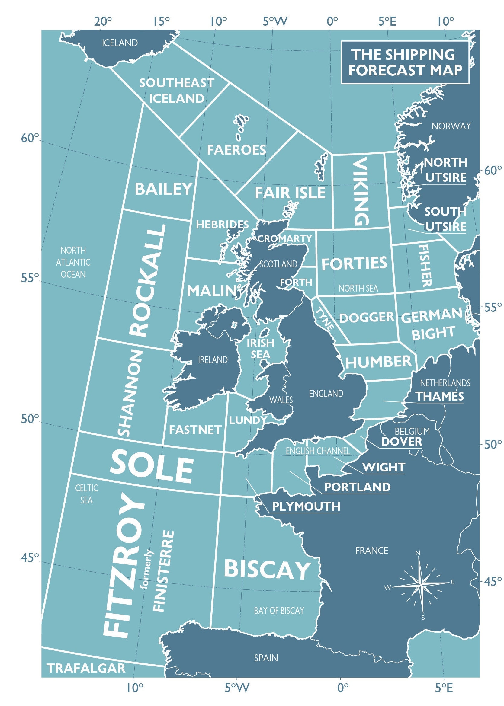 Shipping Forecast Regions, Map, Print, Souvenir, Gift, Poster, Choice ...