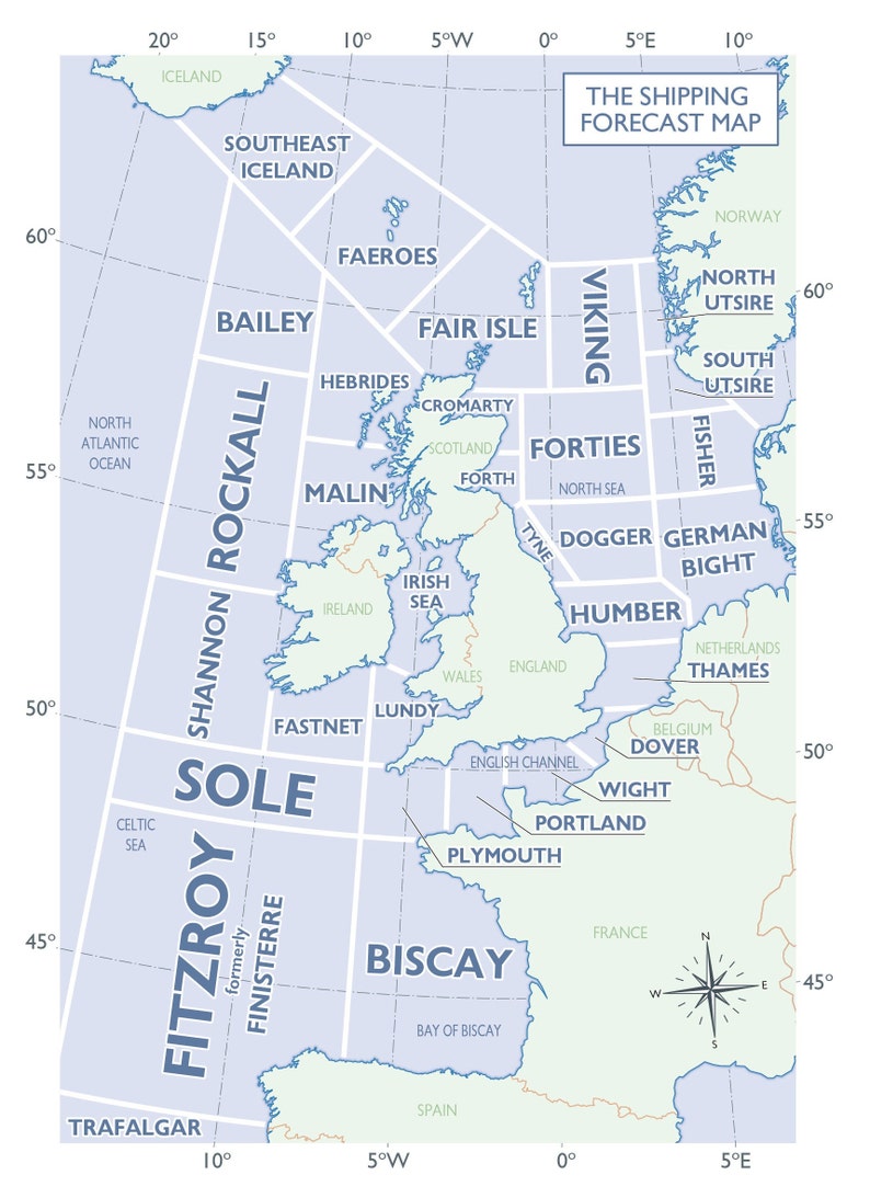 Shipping Forecast Map Print, UK Coastal Regions, Nautical Chart - Etsy