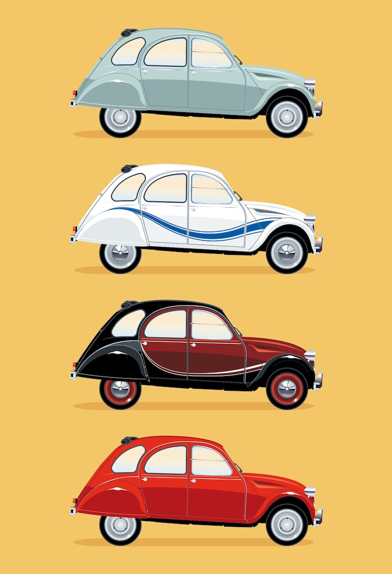 4 Citroen 2CV Deux Chevaux Classic Iconic Car Illustration Art Profile ...
