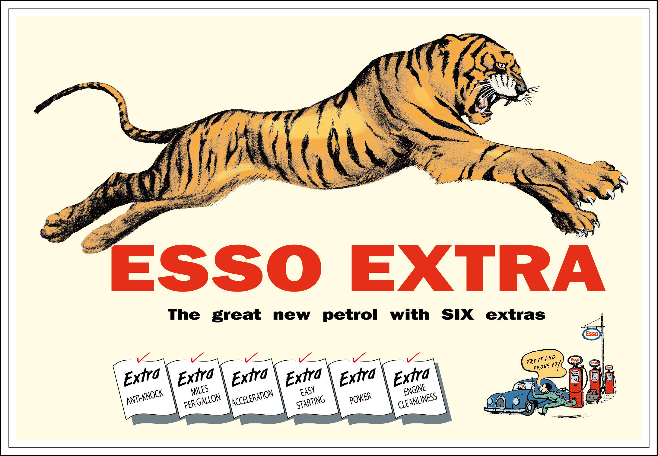 Vintage Style 1950's Esso Leaping Tiger Motoring Advert Poster, Print ...