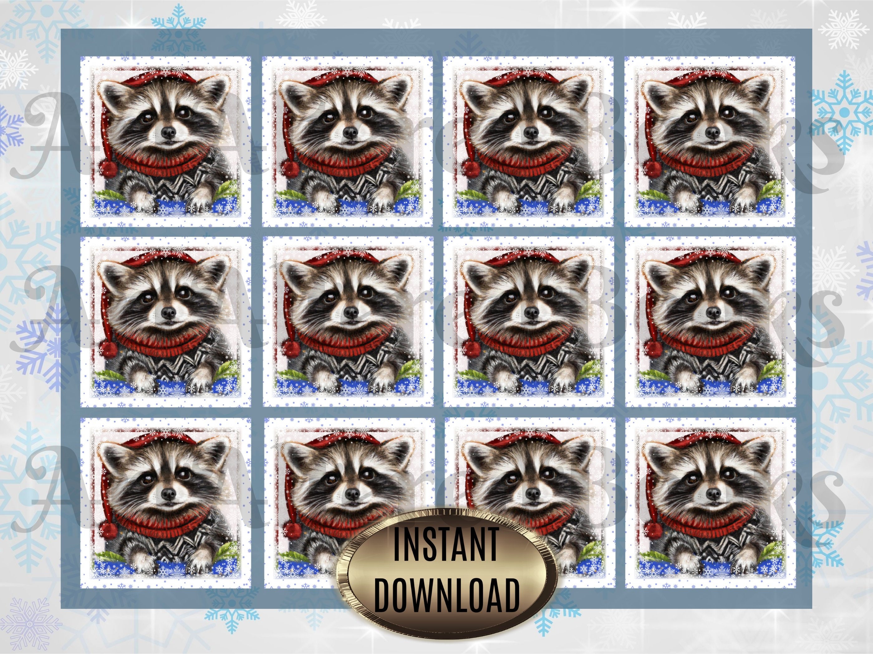 Printable Christmas Set With Raccoon Digital Winter Raccoon Cards Cute ...