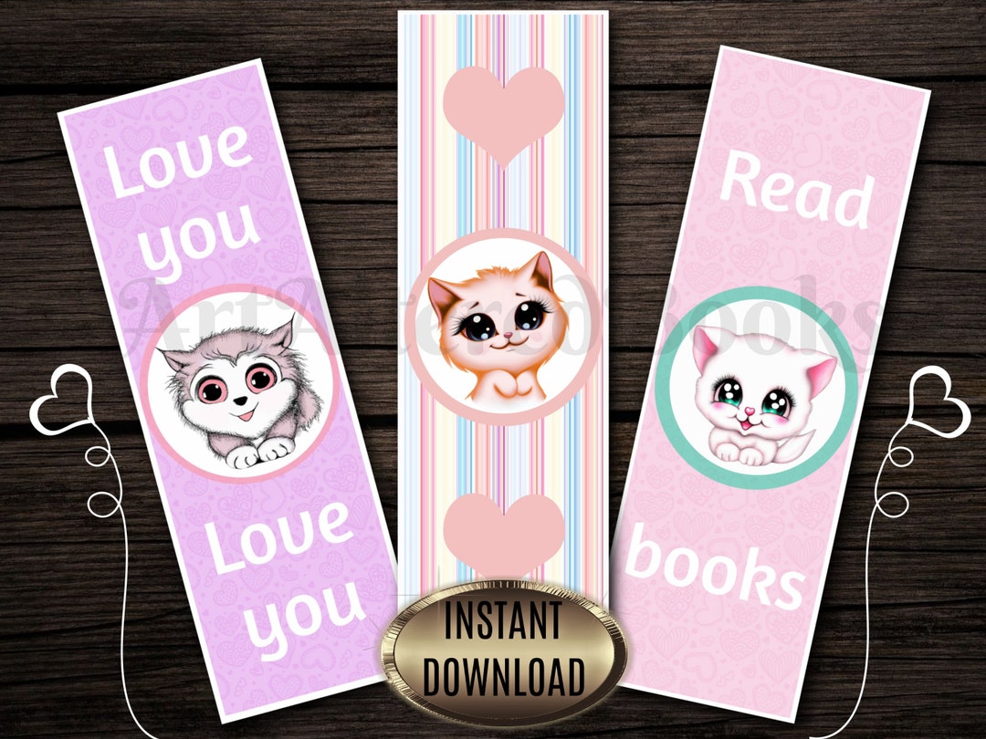 Printable Valentines Bookmark Set With Cats Cute Cat Digital Bookmarks ...