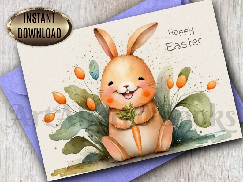 Printable Happy Easter Card With Bunny and Carrot| Easter Digital Card ...