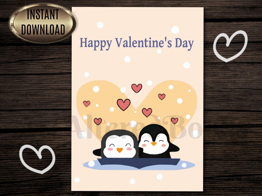 Happy Valentines Day Printable Card With Penguins Valentines Digital ...