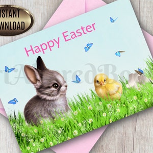 Happy Easter Printable Card With Bunny and Spring Chicken| Rabbit Card ...