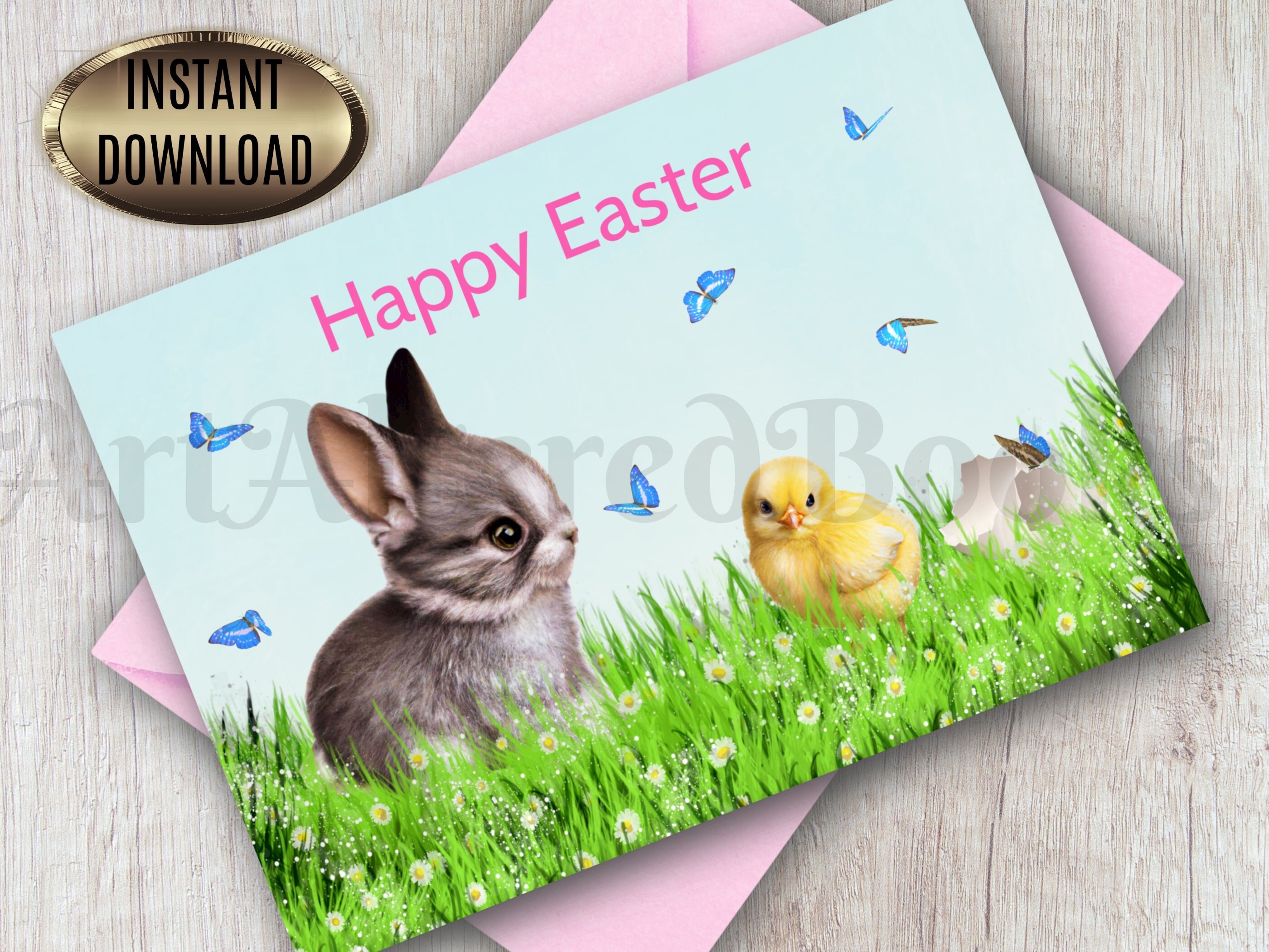 Happy Easter Printable Card With Bunny and Spring Chicken Rabbit Card ...