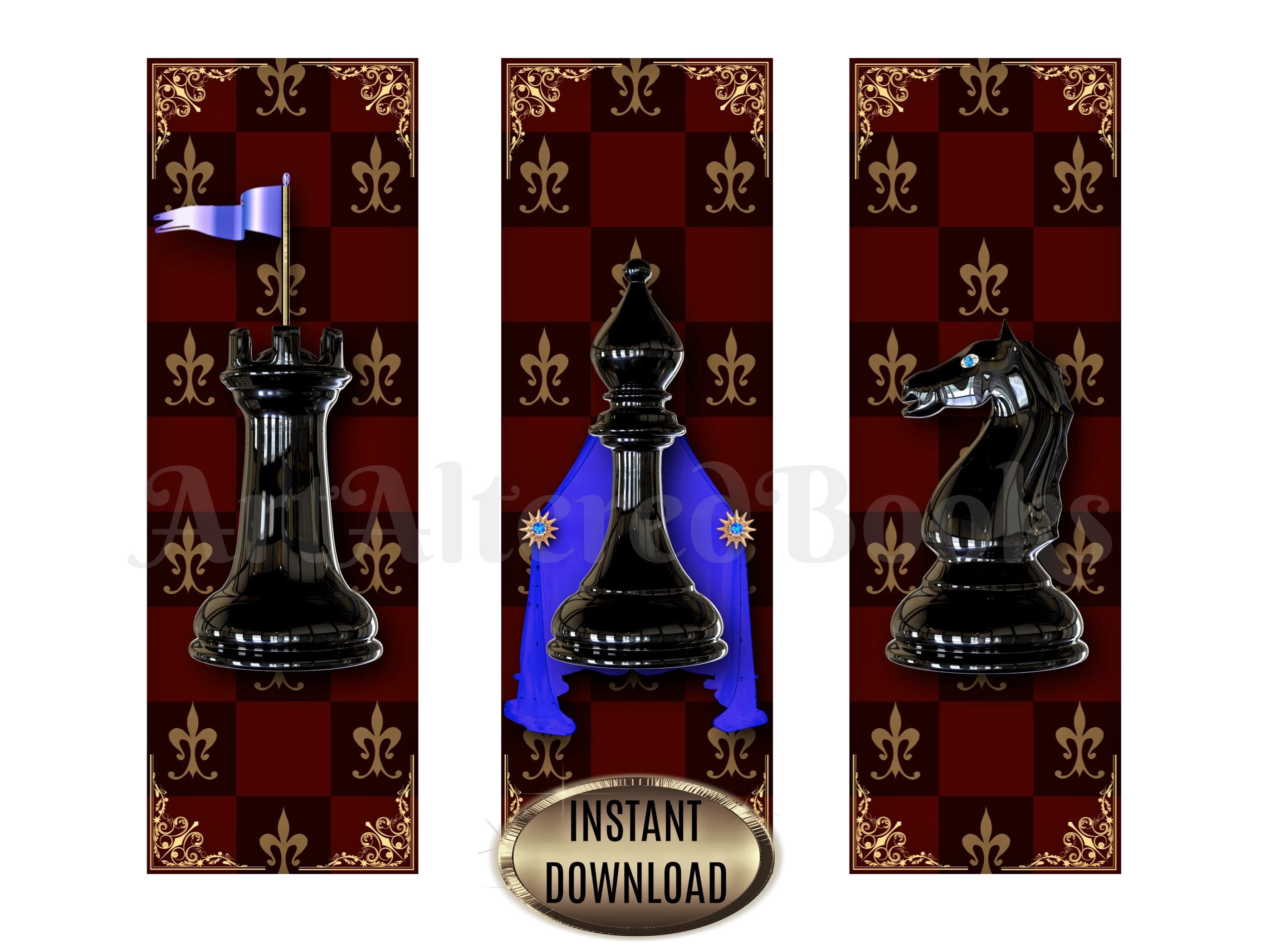 Set of 3 Printable Bookmarks With Black Chess Pieces Chess Rook ...