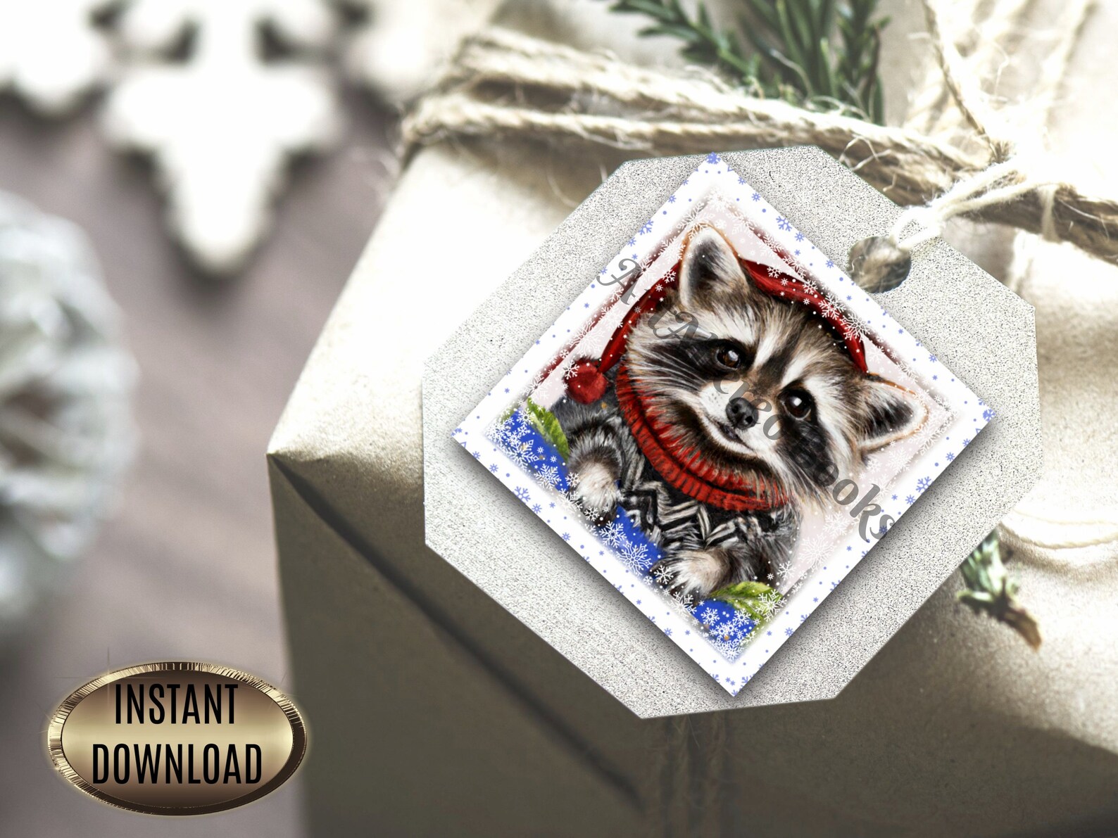 Printable Christmas Set With Raccoon Digital Winter Raccoon Cards Cute ...