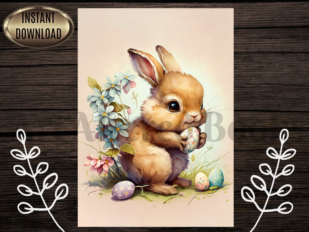 Watercolor Easter Little Rabbit Printable Card| Bunny Digital Card ...