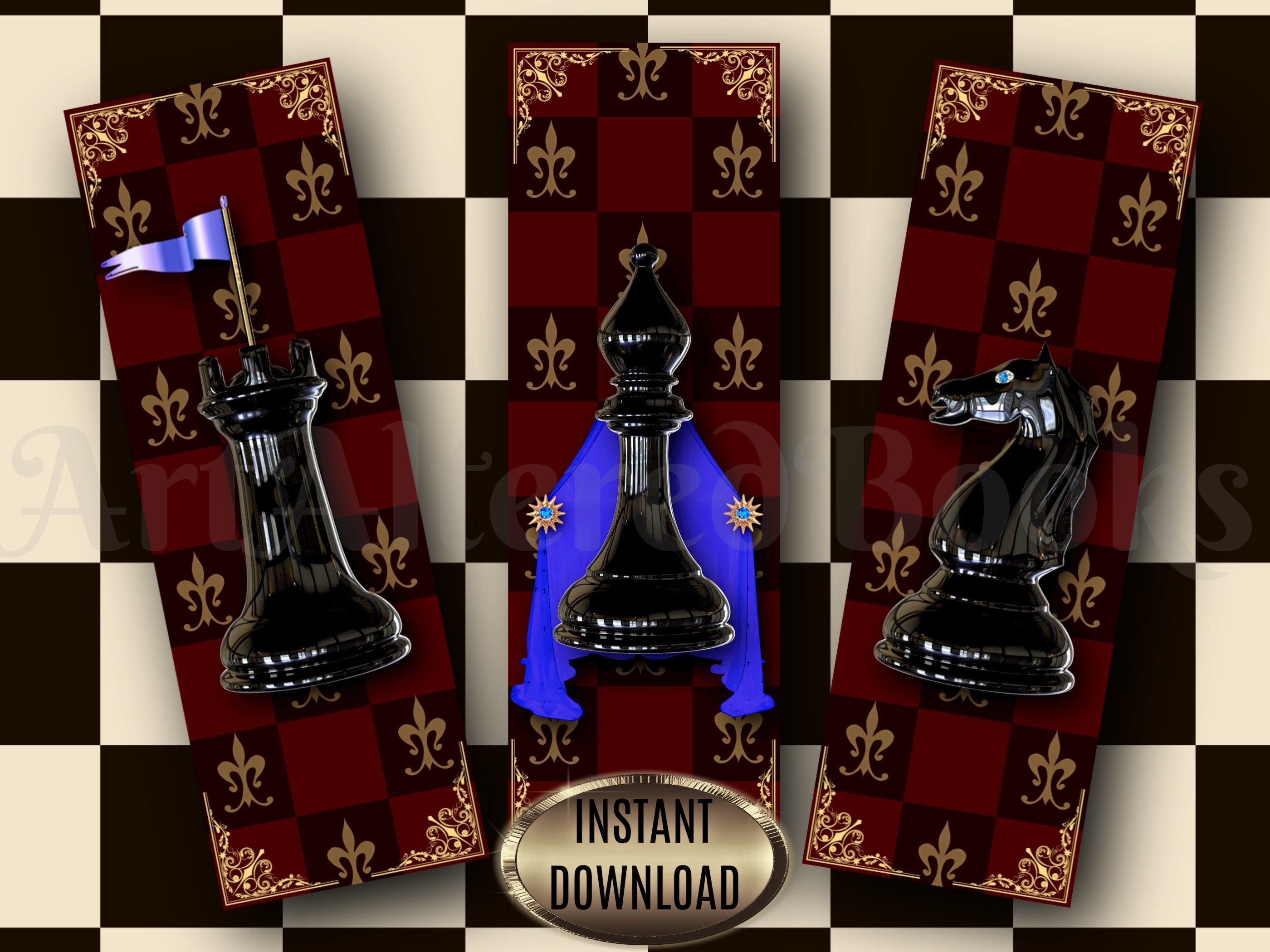 Set of 3 Printable Bookmarks With Black Chess Pieces Chess Rook ...