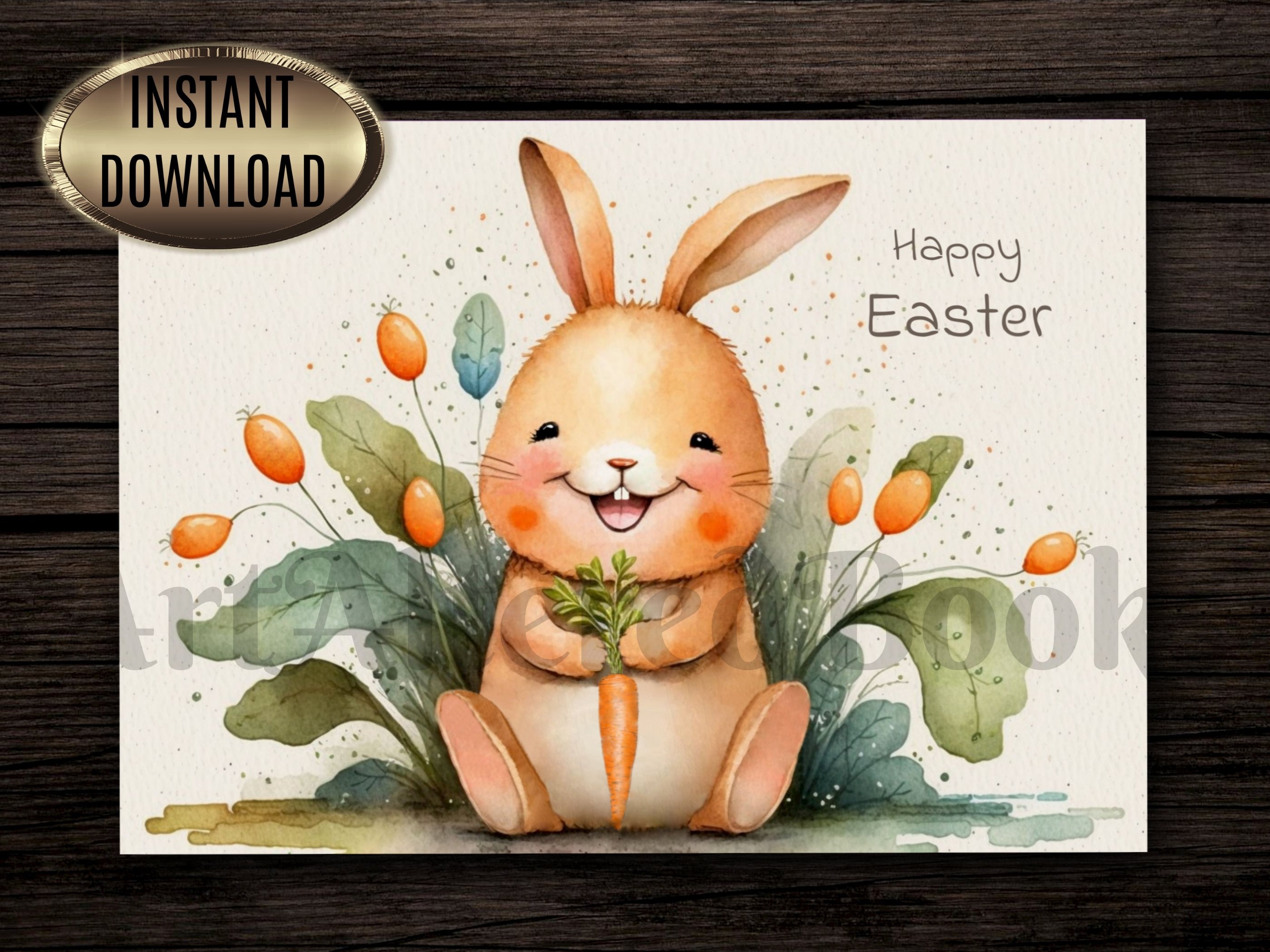Printable Happy Easter Card With Bunny and Carrot| Easter Digital Card ...