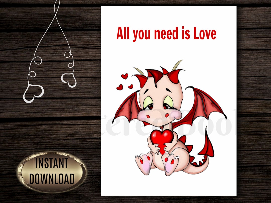 Printable Valentine's Card With Cute Dragon Love Digital Card 5x7 Card ...
