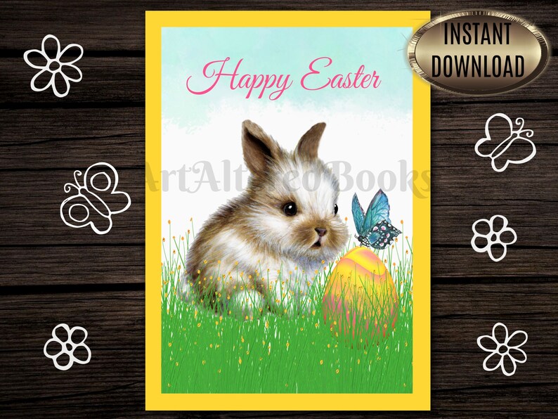Easter Printable Card With Rabbit, Egg and Butterfly| Happy Easter ...