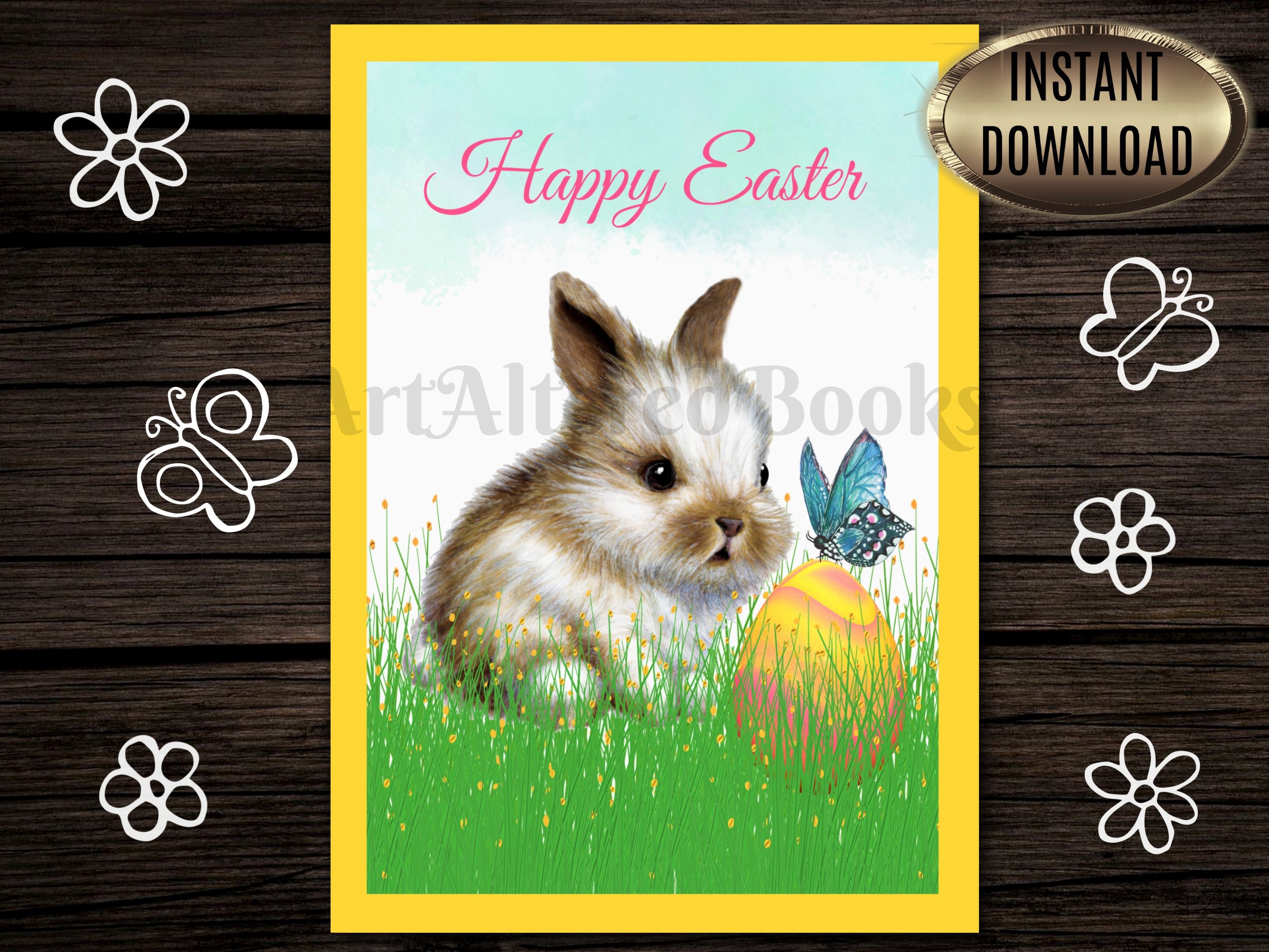Easter Printable Card With Rabbit, Egg and Butterfly Happy Easter ...