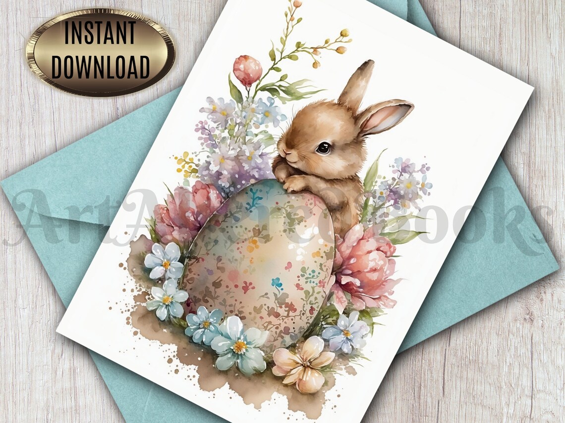 Watercolor Bunny Easter Printable Card Little Rabbit Digital Card Bunny ...