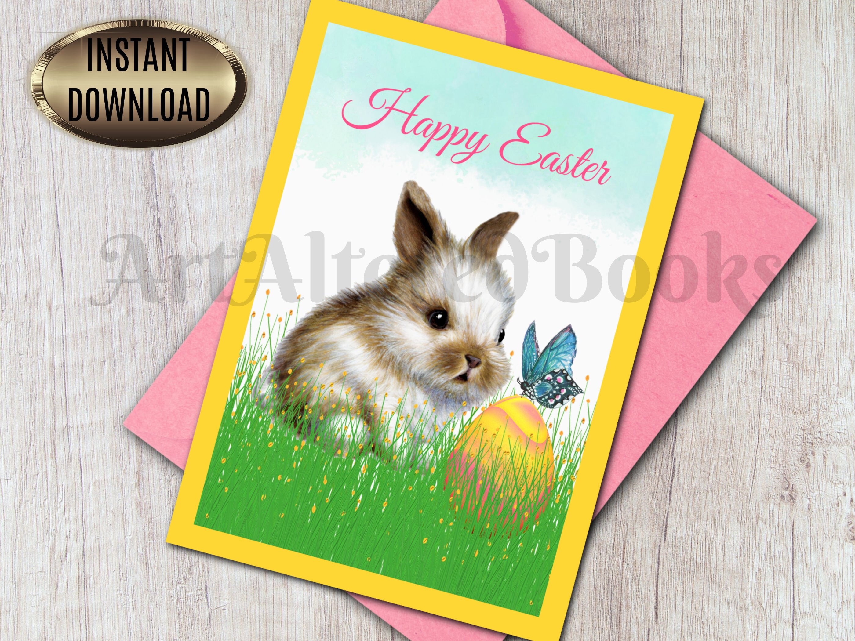 Easter Printable Card With Rabbit, Egg and Butterfly Happy Easter ...
