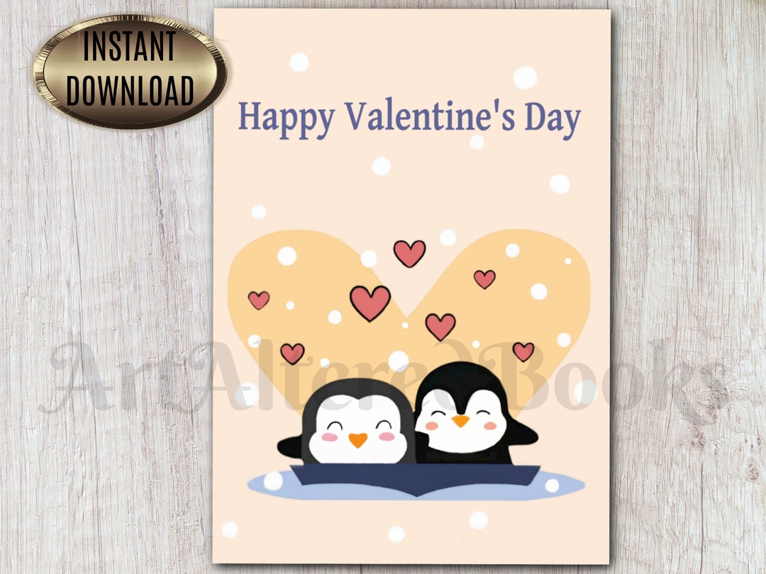Happy Valentine’s Day Printable Card With Penguins| Valentines Digital ...