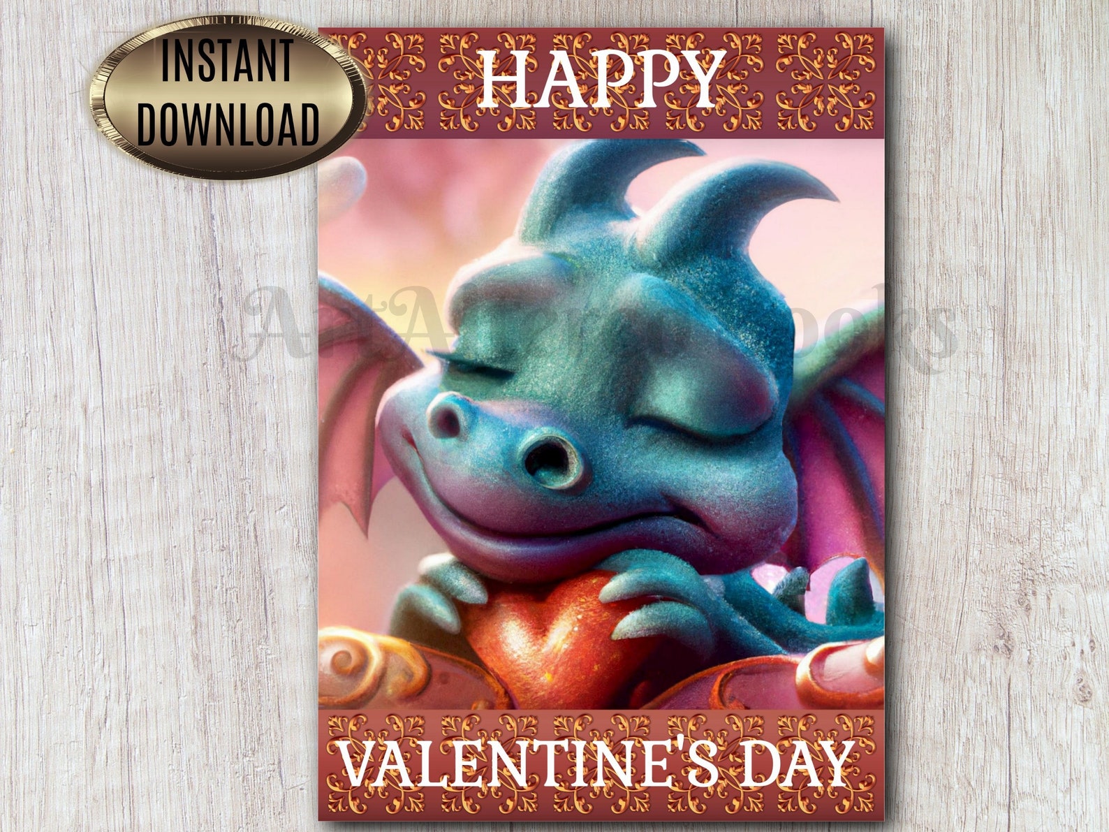 Printable Happy Valentines Day Card With Baby Dragon Сute Digital ...