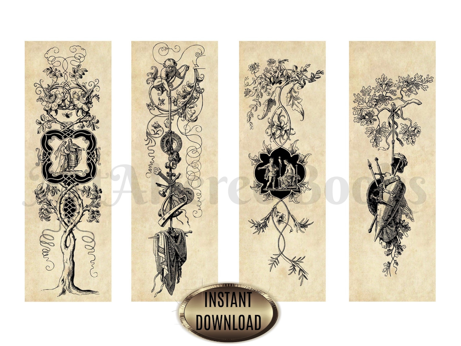 Set of 4 Antique Printable Bookmarks Renaissance Bookmark | Etsy