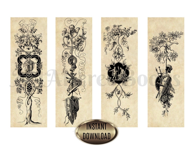 Set of 4 Antique Printable Bookmarks Renaissance Bookmark | Etsy