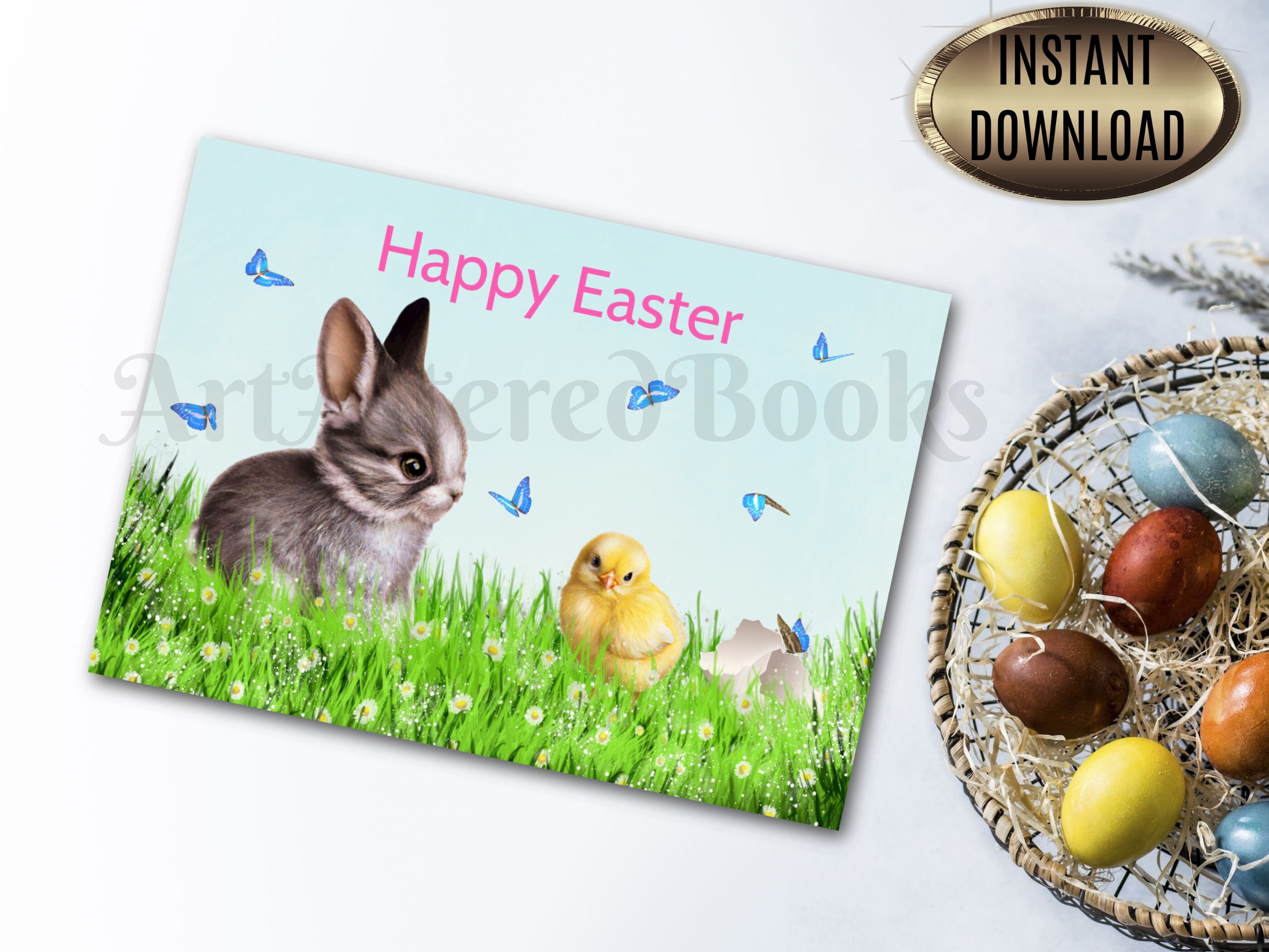 Happy Easter Printable Card With Bunny and Spring Chicken Rabbit Card ...