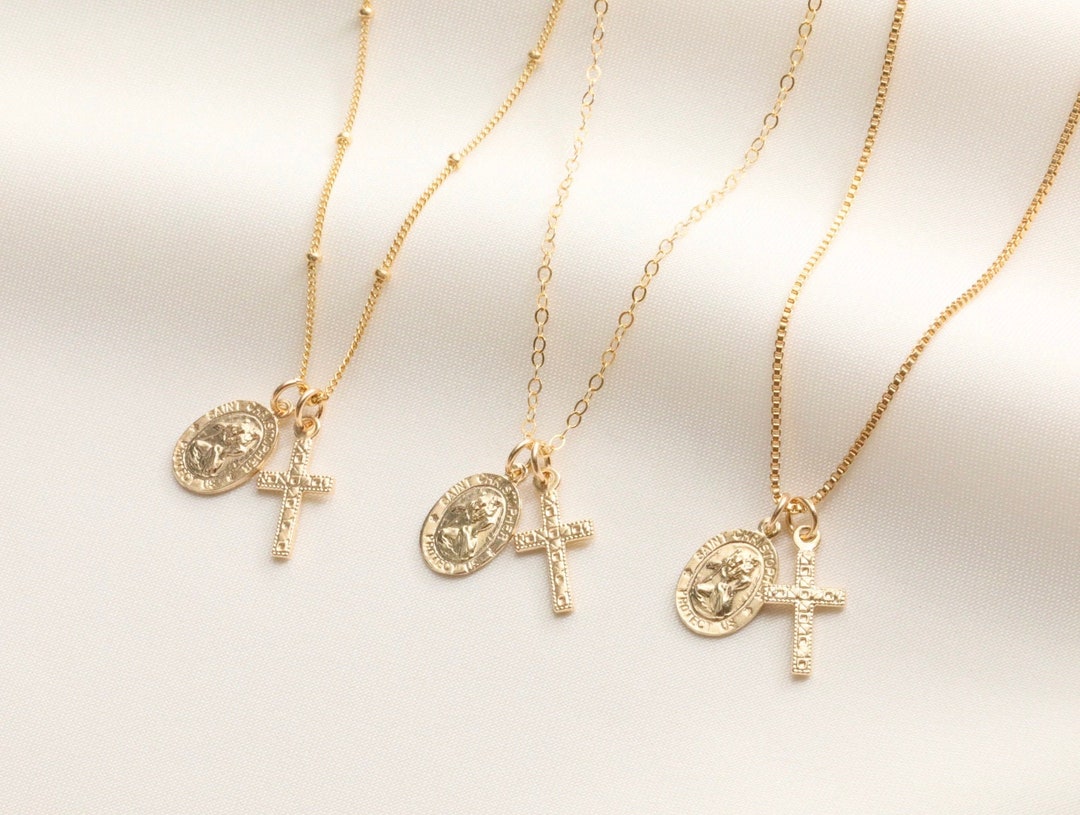 14k Gold Filled Saint Christopher Cross Necklace: Catholic Protection ...