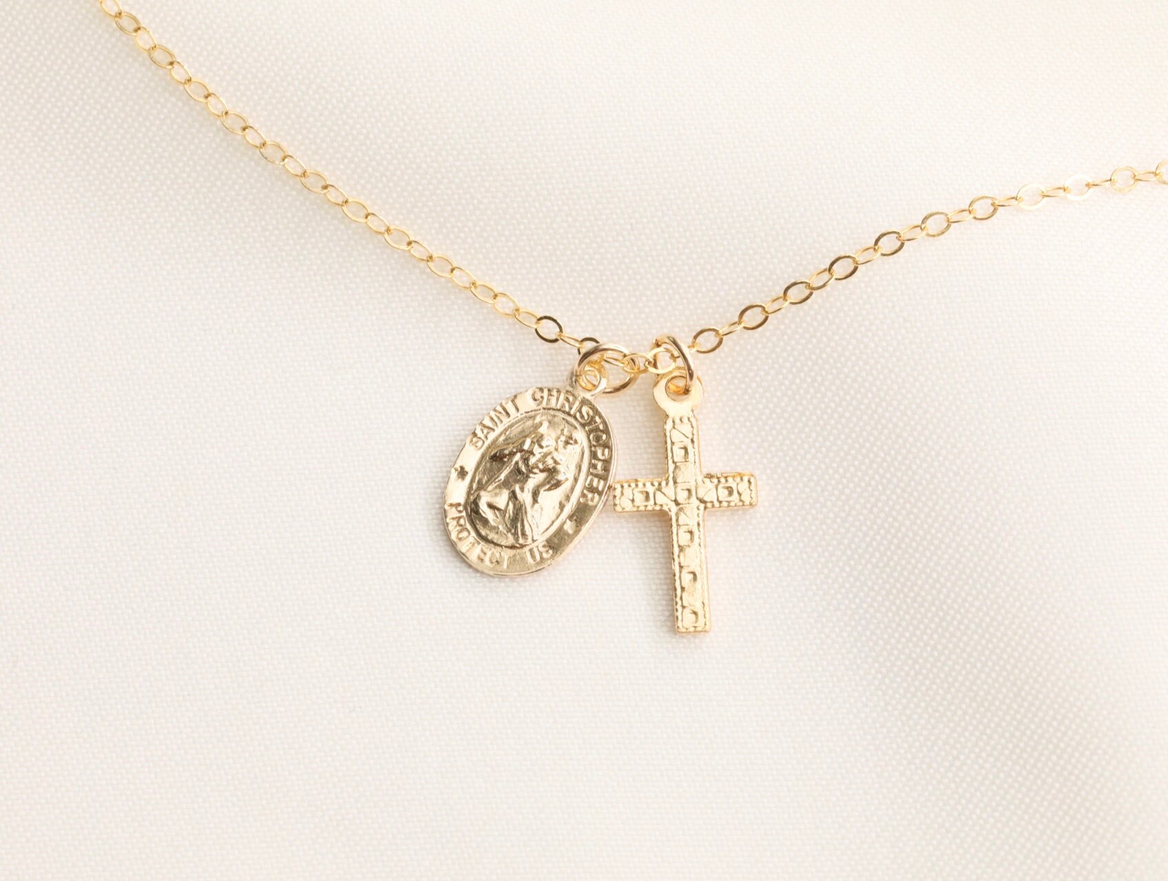 14k Gold Filled Saint Christopher Cross Necklace: Catholic Protection ...