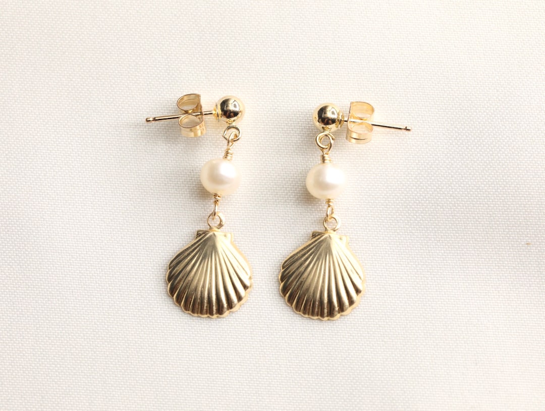 14k Gold Filled Sea Shell Earrings With Pearls, Mermaid Earrings, Shell ...