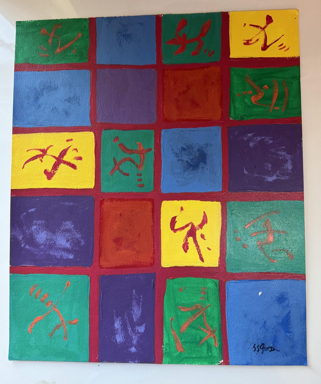 Abstract Squares Painting: Original Acrylic Art, Calligraphic Marks ...