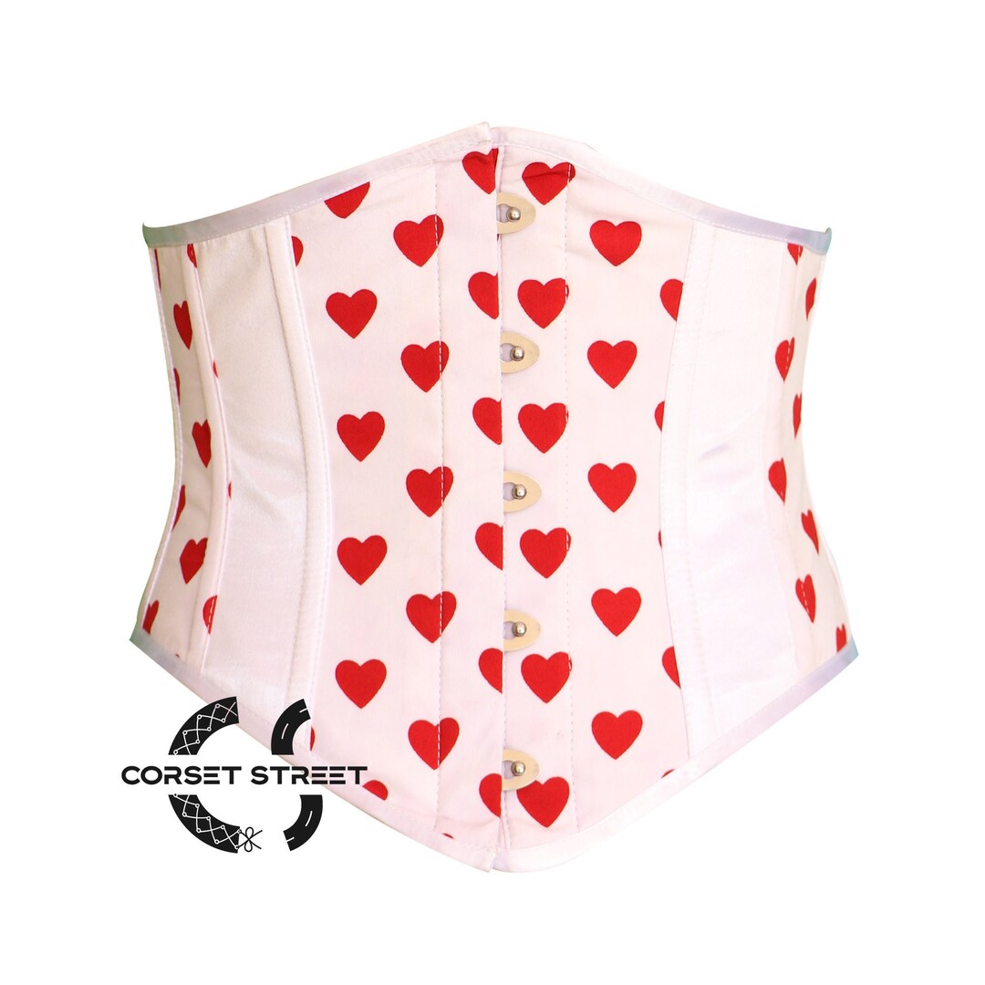 White Satin Corset Red Heart Print Costume Sexy Underbust Waspie Top - Etsy