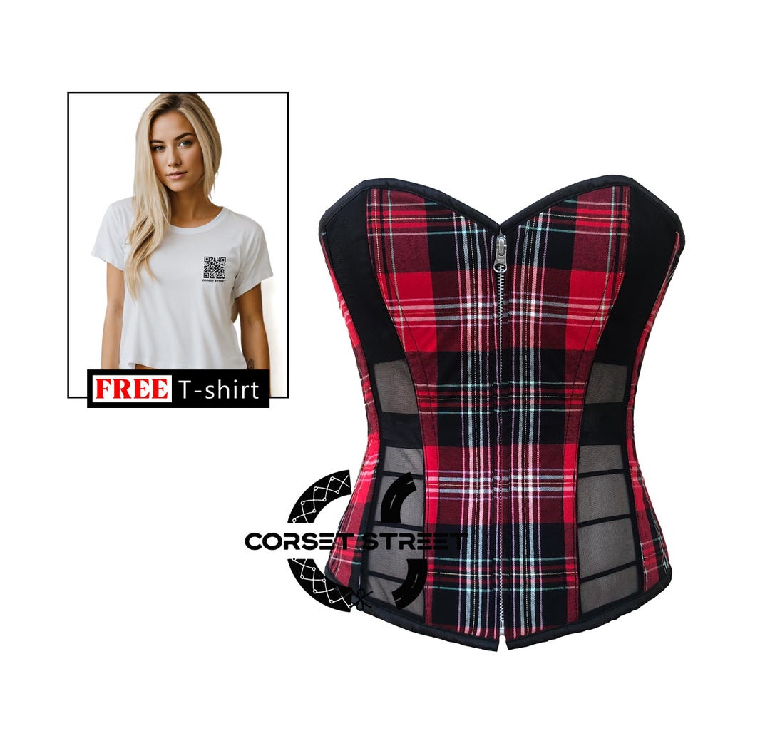 Red Flannel Black Mesh Front Zipper Corset Overbust Gothic Costume - Etsy