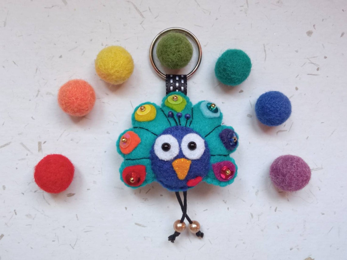 Rainbow animals felt keyring chameleon turkey peacock | Etsy