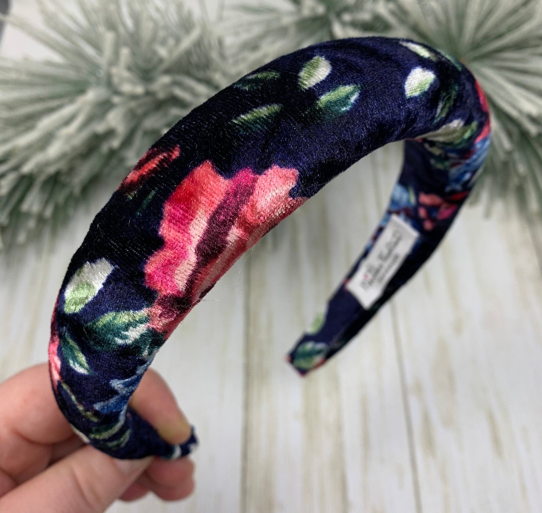 Navy Blue Floral Padded Headband. High Quality Velvet Medium Padded ...