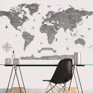 Extra Large World Map Wall Decal Grey World Map Wall Sticker Travel Map ...