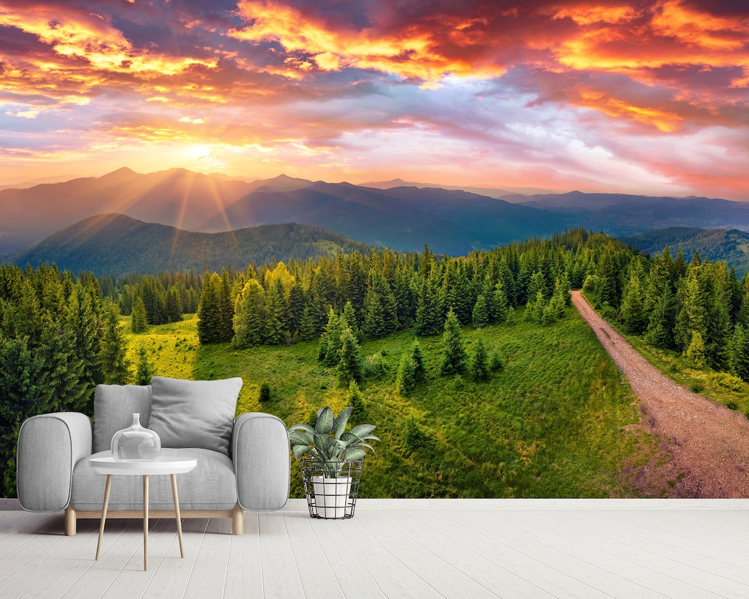 Mountain Sunset Scenery Wall Mural Landscape Wallpaper Peel and Stick ...