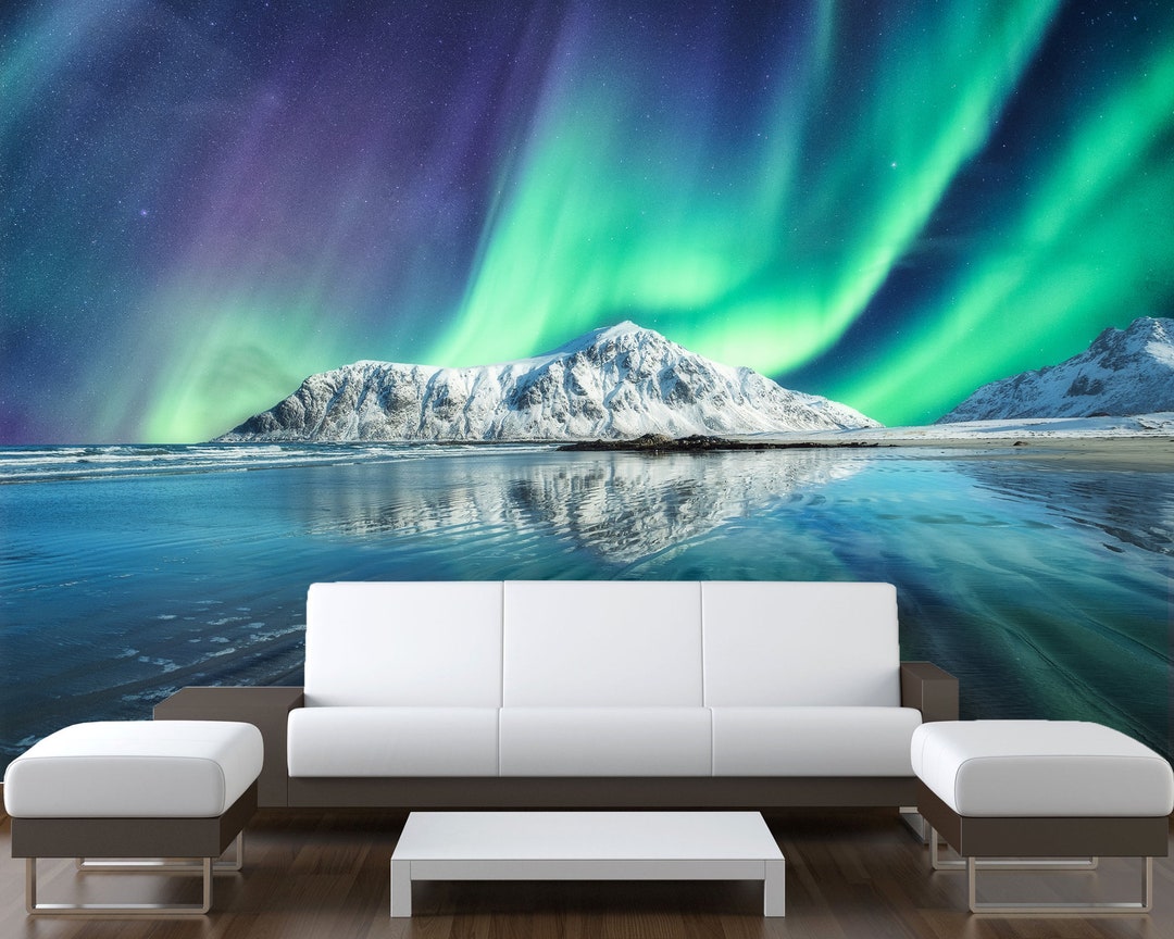 Northern Lights Wall Mural Wallpaper Peel and Stick Snowy Mountains ...