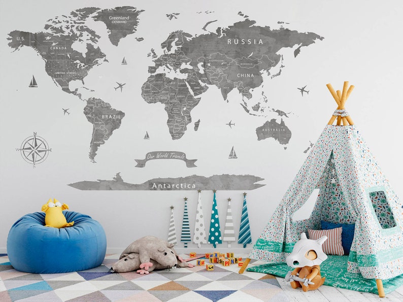 Extra Large World Map Wall Decal Grey World Map Wall Sticker - Etsy